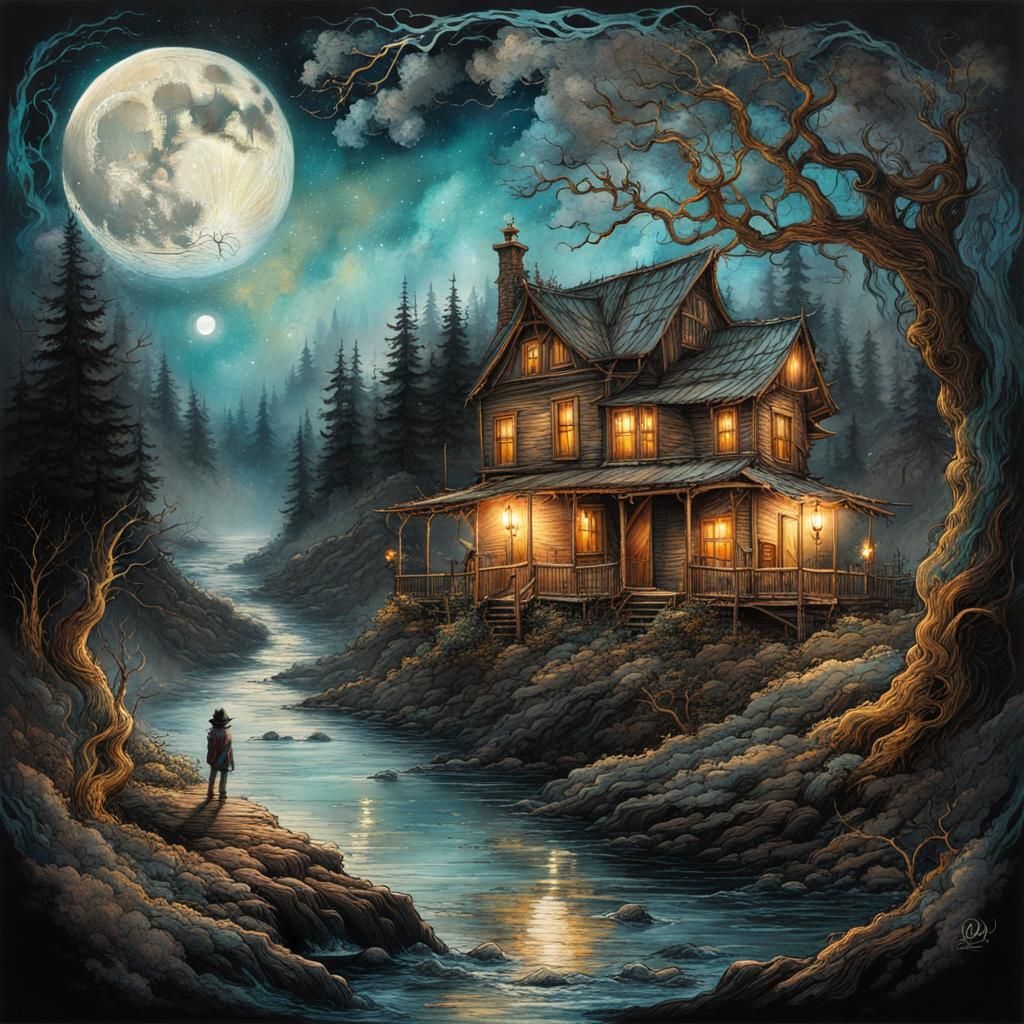 Fantasy dreams, magic, moon, fog, gloomy, ink, acrylic, double exposure, mythological, best ...