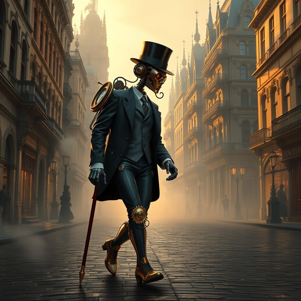 Steampunk Automaton Walks Victorian-Era City Stree... - AI Art