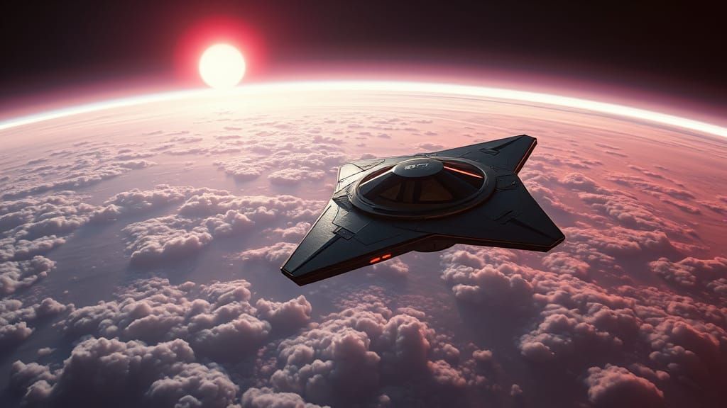 A craft orbits a ring-planet. - Sleek Spacecraft in Orbit A...