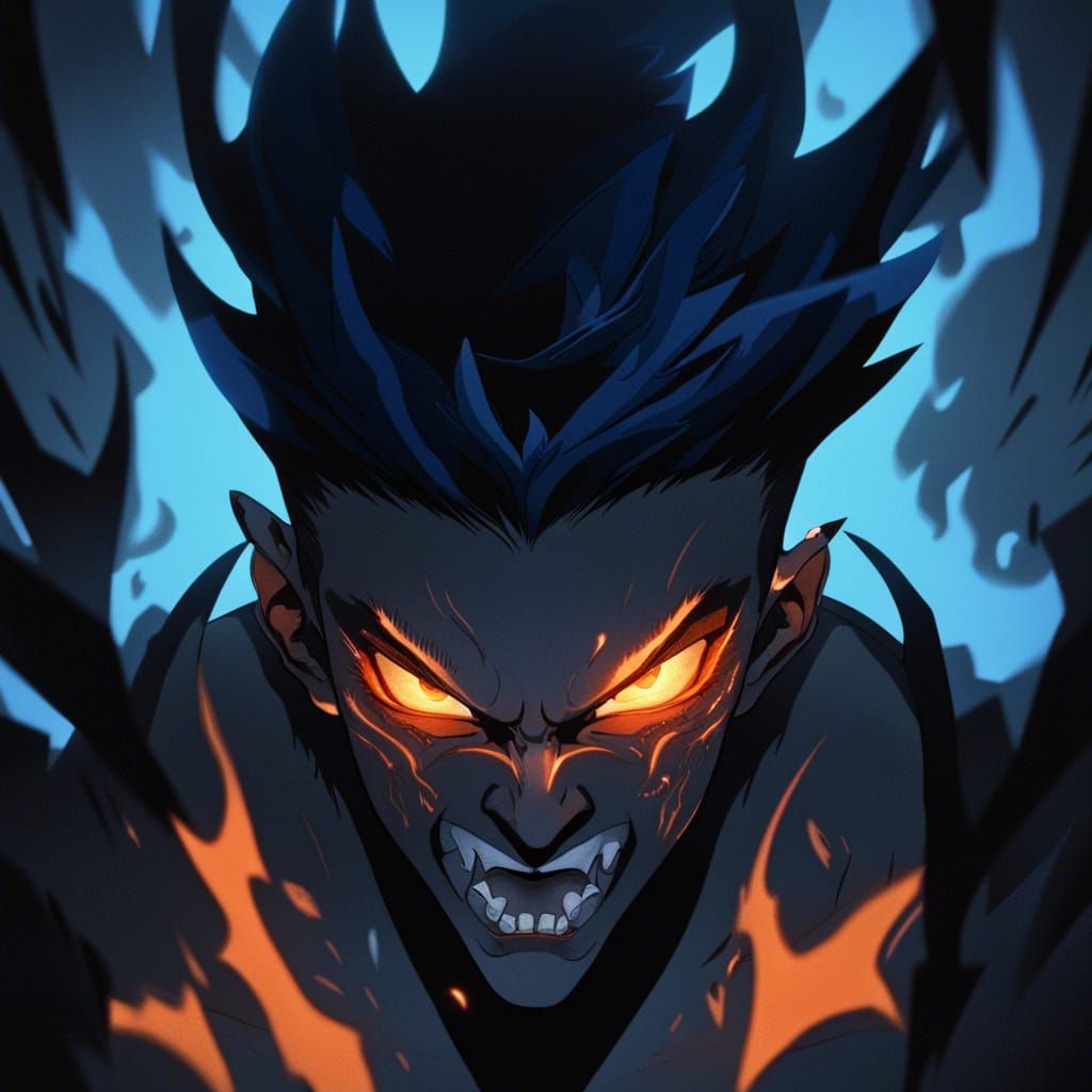 A 3/4 body shot of a young man with angry features, demon shadow ...