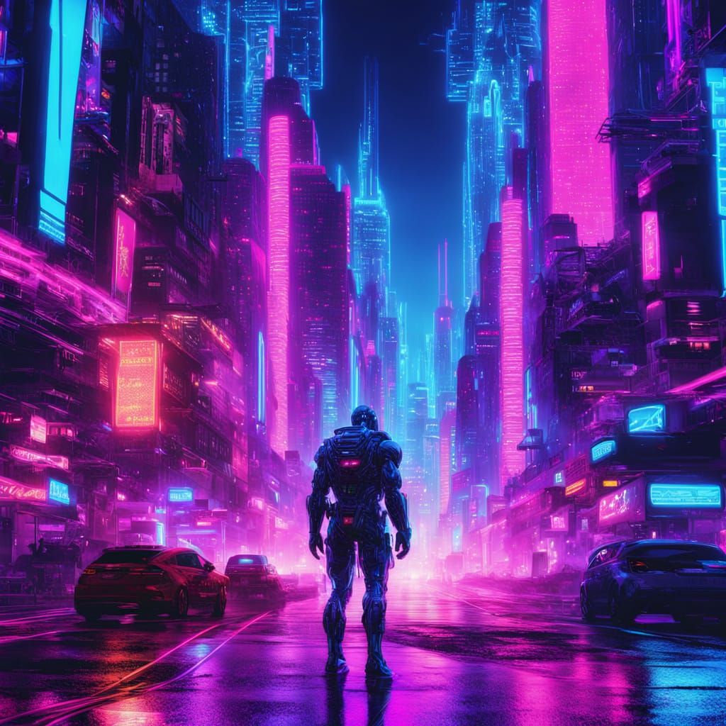 Cyberpunk Code Being Walks Digital Highway - AI Art