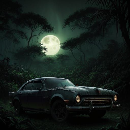 Ethereal Car Confronts Ancient Evil Under Moonlit ... - AI Art