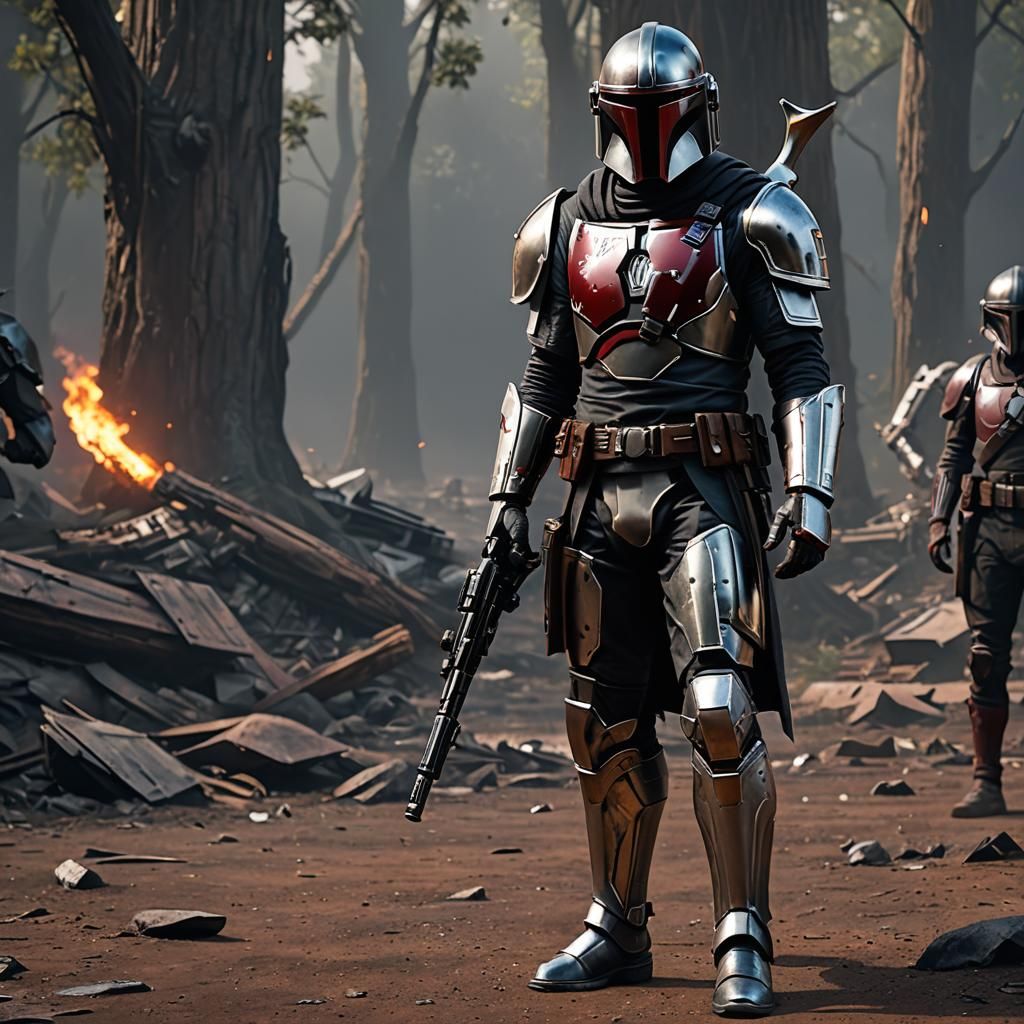 A male mandalorian bounty hunter in silver battle damaged armor with a ...