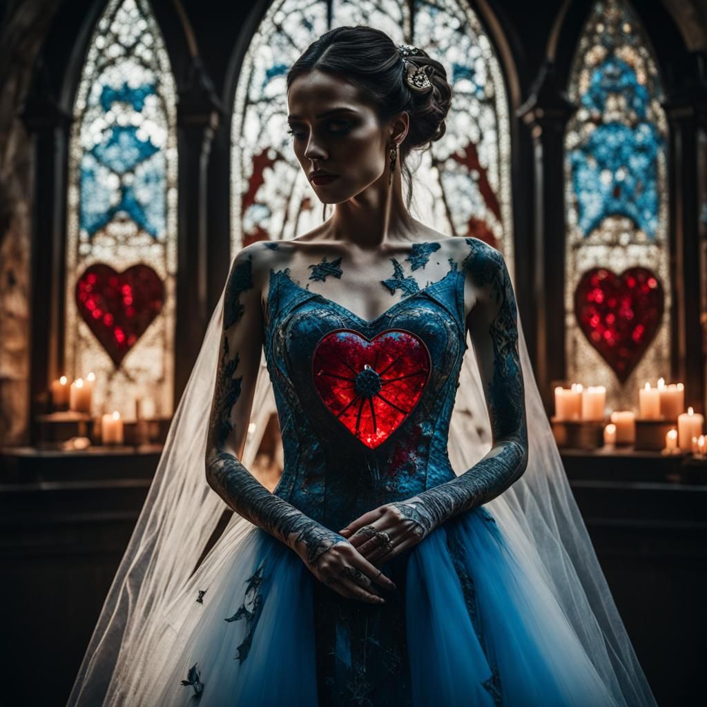 a macabre bride made up of ruby quartz crystals, internal glowing runes and tattoos, cracked ...