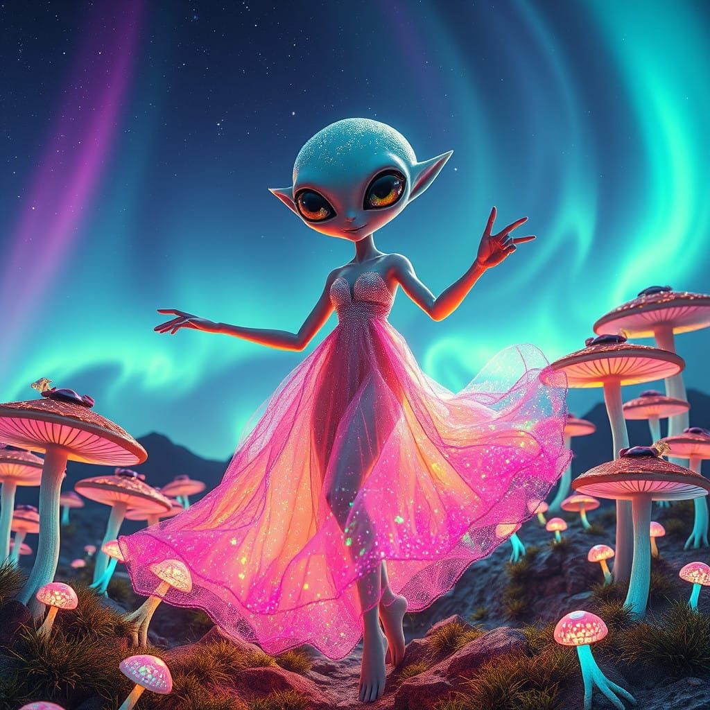 Ethereal Alien Goddess in Iridescent Gown Among Ra... - AI Art