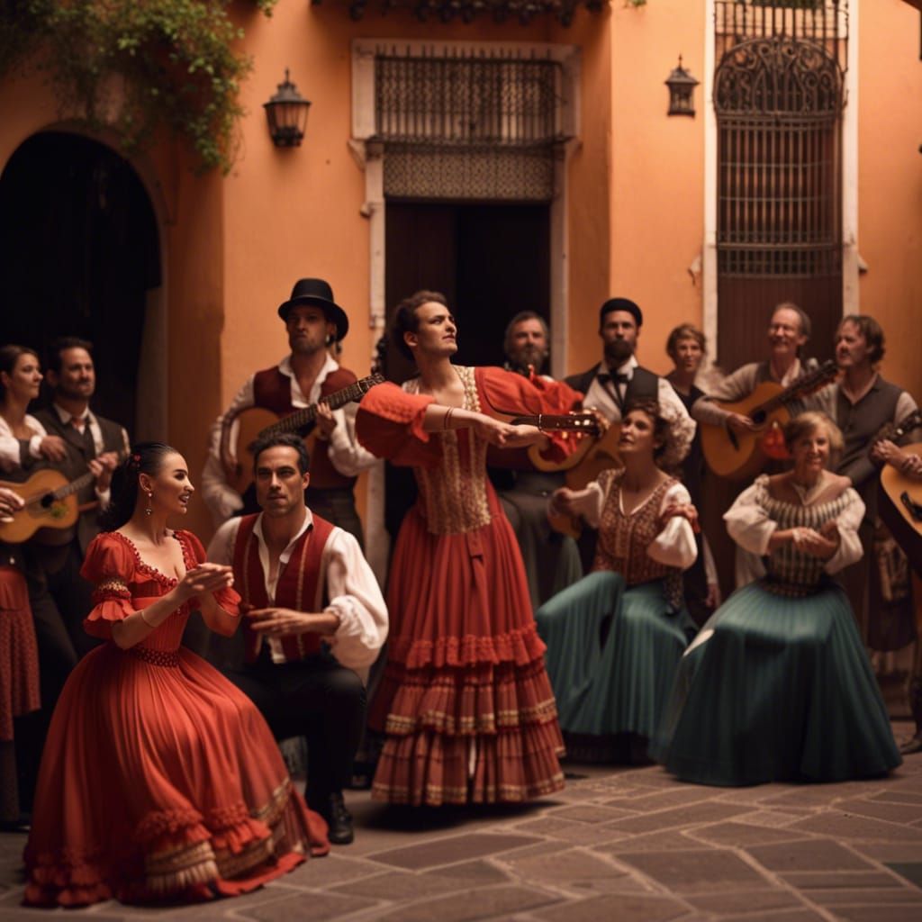18th century male Flamenco guitar player, female dancer, and people ...