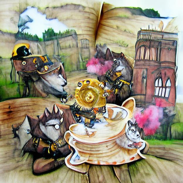 Wolves having tea party storybook illustration steampunk - AI Generated ...