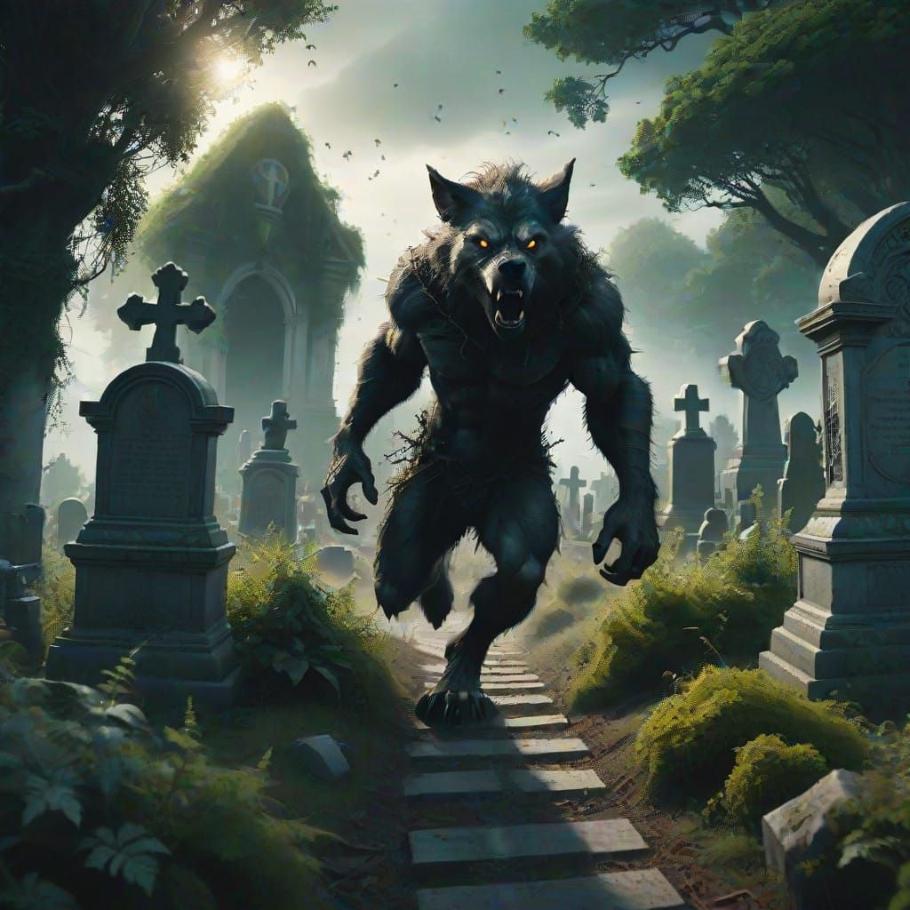 Epic Werewolf Runs Through Haunting Cemetery Lands... - AI Art