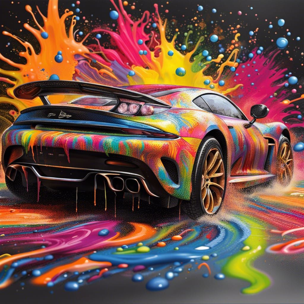 splash art, liquid painting of a decadent luxury sports car, speeding ...