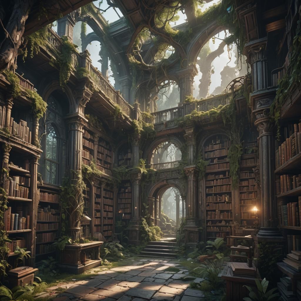 Ancient, overgrown library - AI Generated Artwork - NightCafe Creator