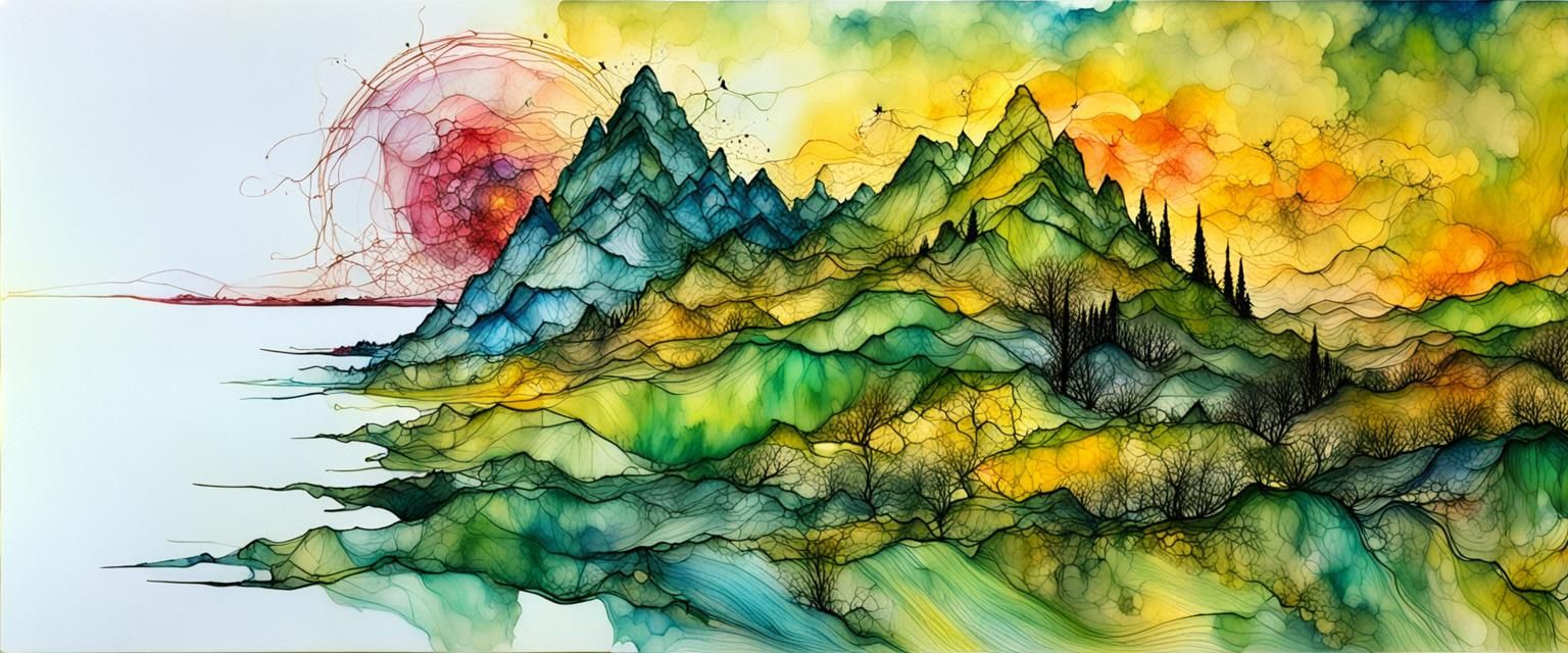 "Encaustic spring landscape alcohol ink chaotic sunset spring, golden ...