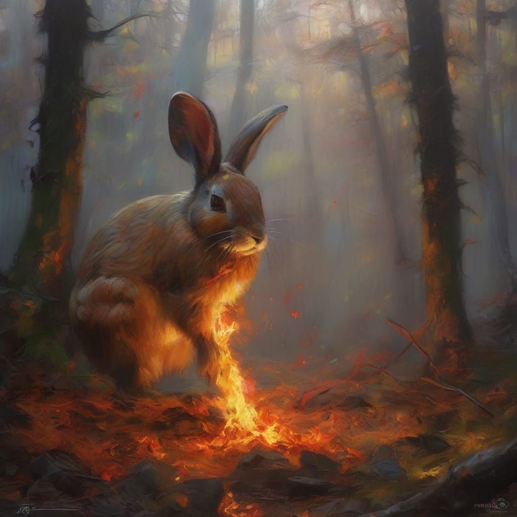 Surreal Dream of an Angry Rabbit with Fiery Swords - AI Art