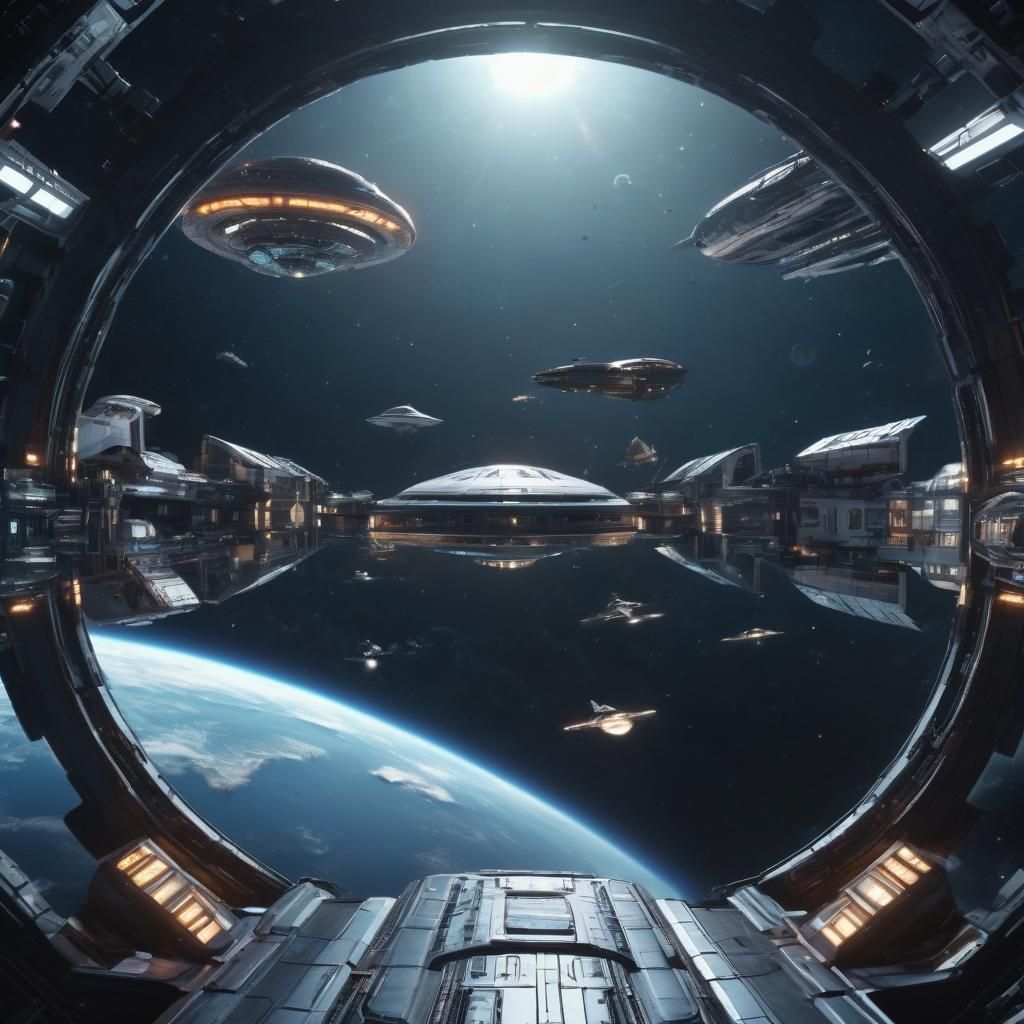 Wide camera view of an entire Space dock orbiting earth with spaceships ...