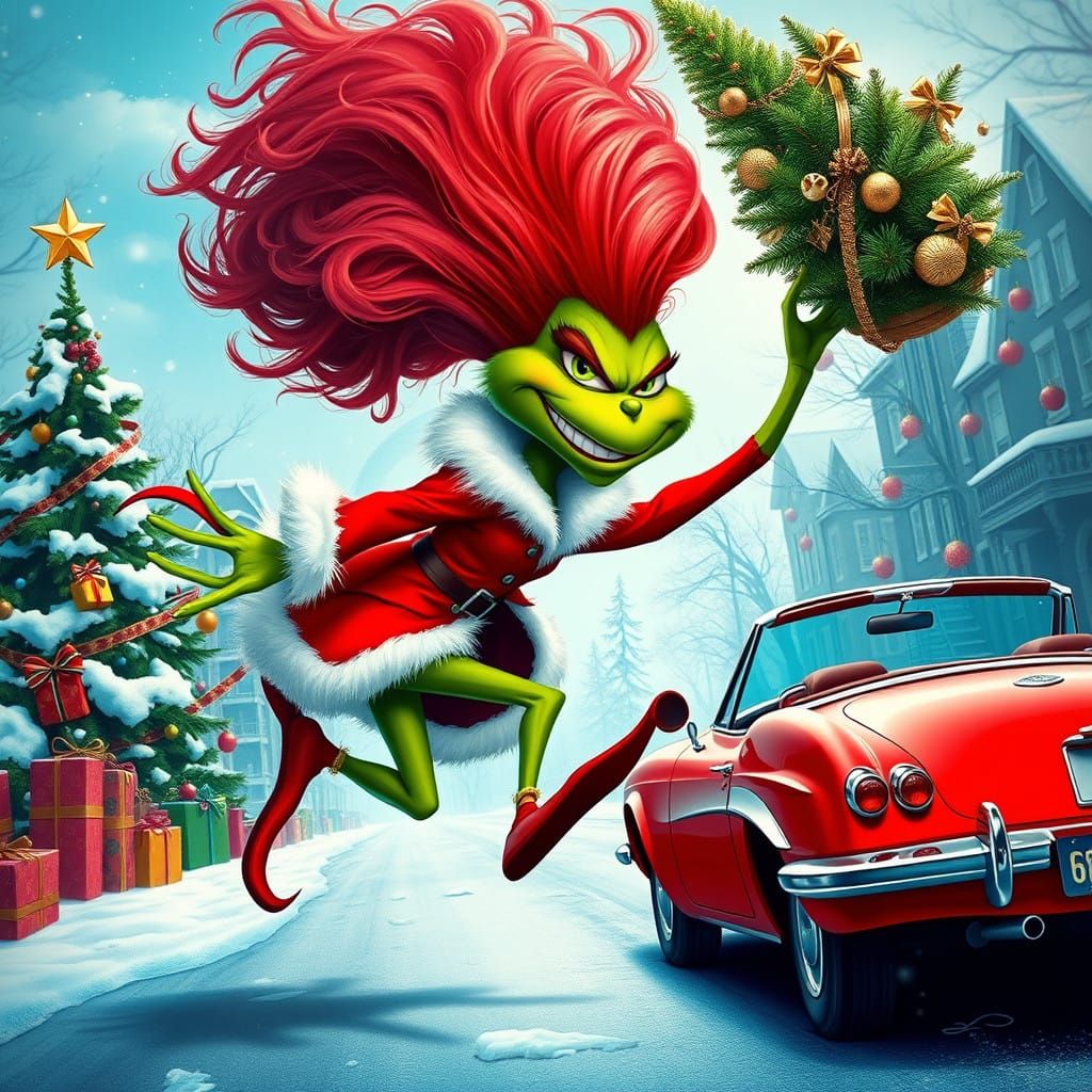 Grinch lady - Surreal Christmas Car Thief in Whimsical Styl...