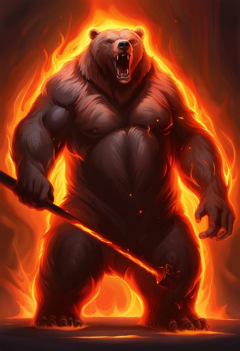 a glowing outline of a standing on-fire giant obese Grizzly Bear, with glowing flame eyes ...