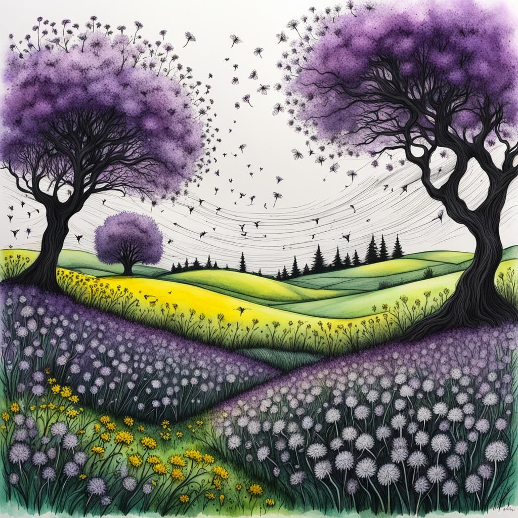 Ink drawing. There are beautiful dandelions in the meadow and a ...