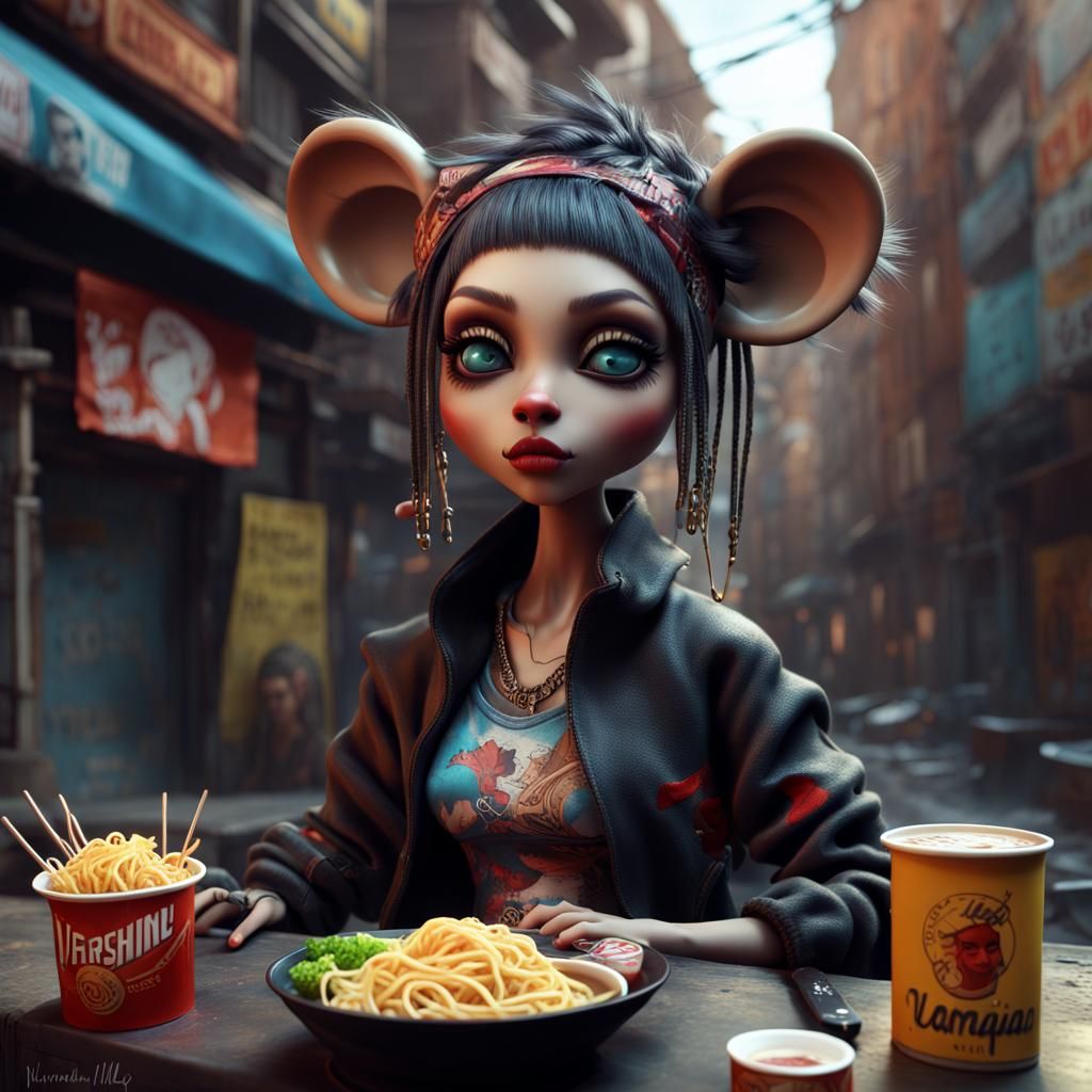 Trashion alley rat doll Vermina eating Ramen - AI Generated Artwork ...