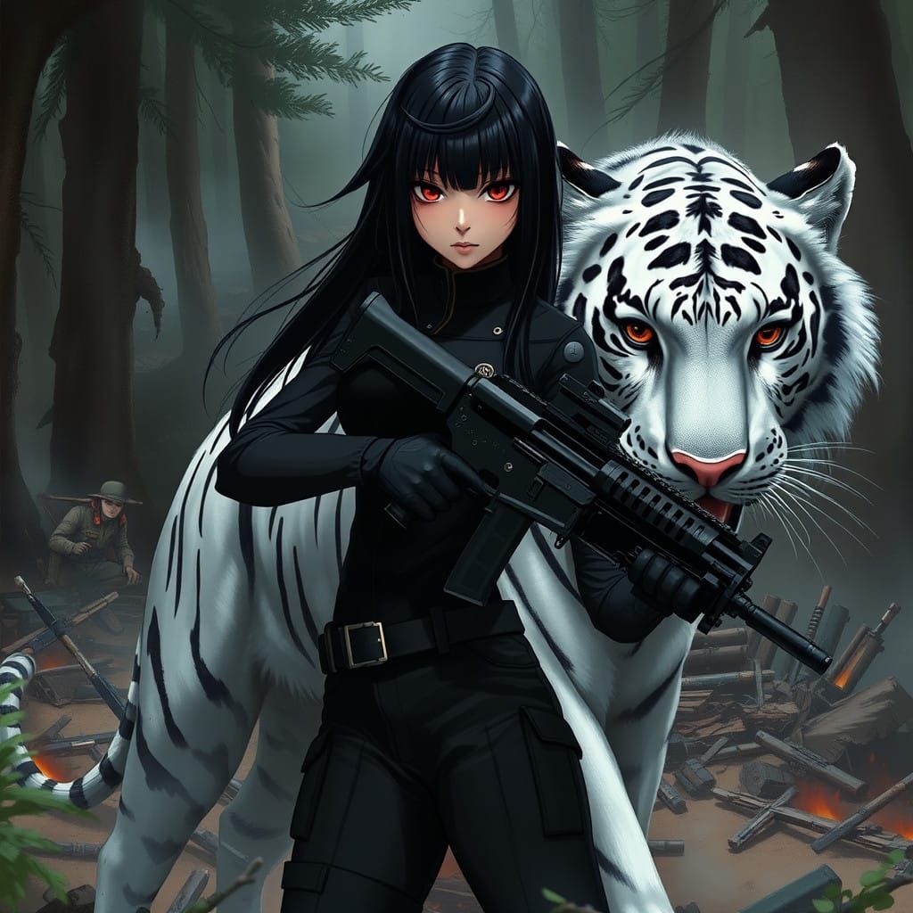 The protectors - Anime Girl Warrior Poses with Majestic Tig...