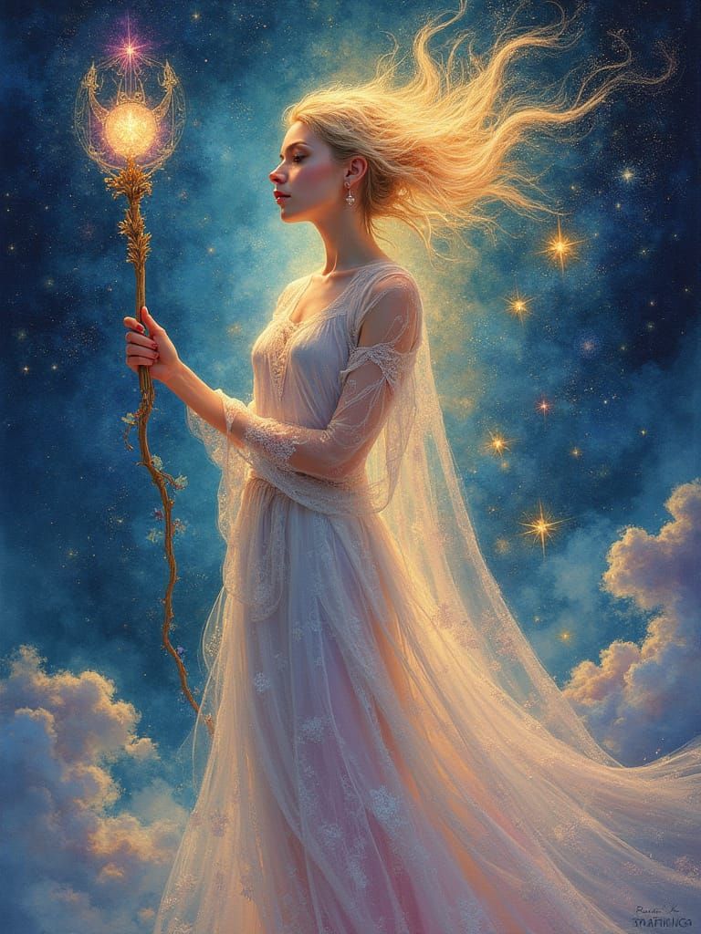 Visionary Goddess of Love and War in Cosmic Waterc... - AI Art