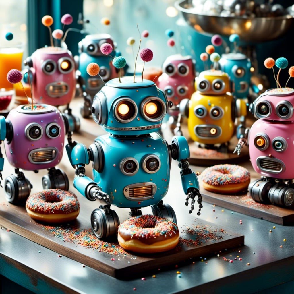 robots serving donuts - Mechanical Robots Craft Colorful Don...