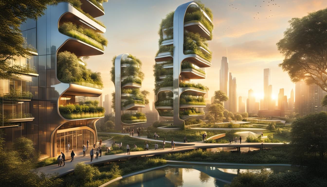Sustainable city of the future, lush urban green space, bright clean ...