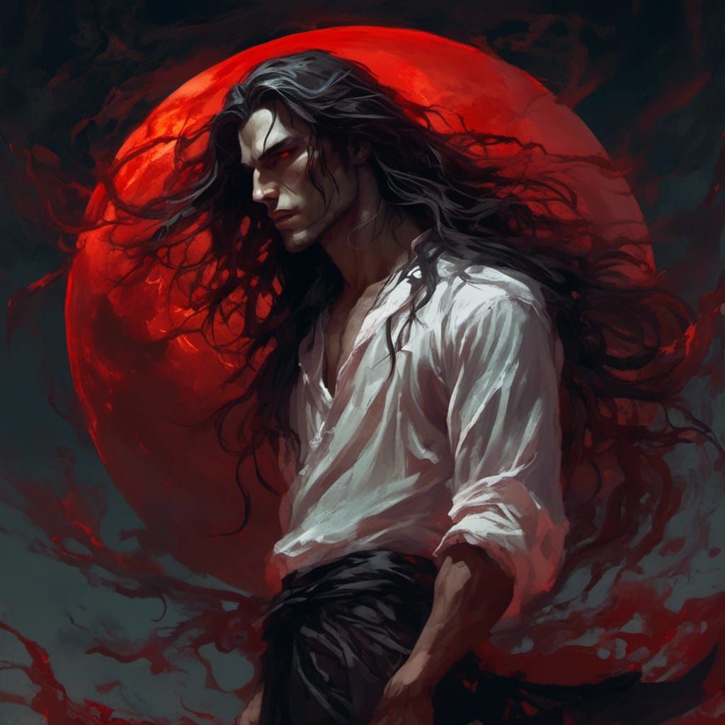 Under a blood red moon, stands a vampire looking male, long hair flows ...