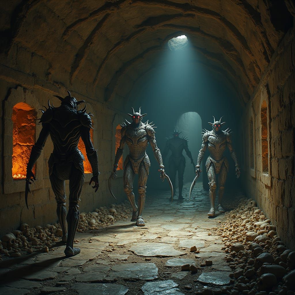 Dark Catacomb Scene with Skeletal Remains and Goth... - AI Art