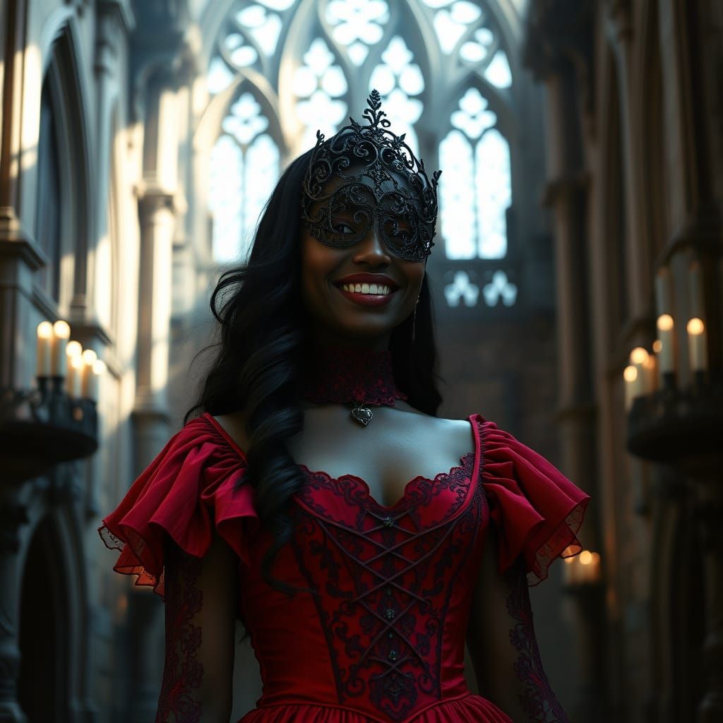 Gothic Woman in Red Dress at Castle - AI Art