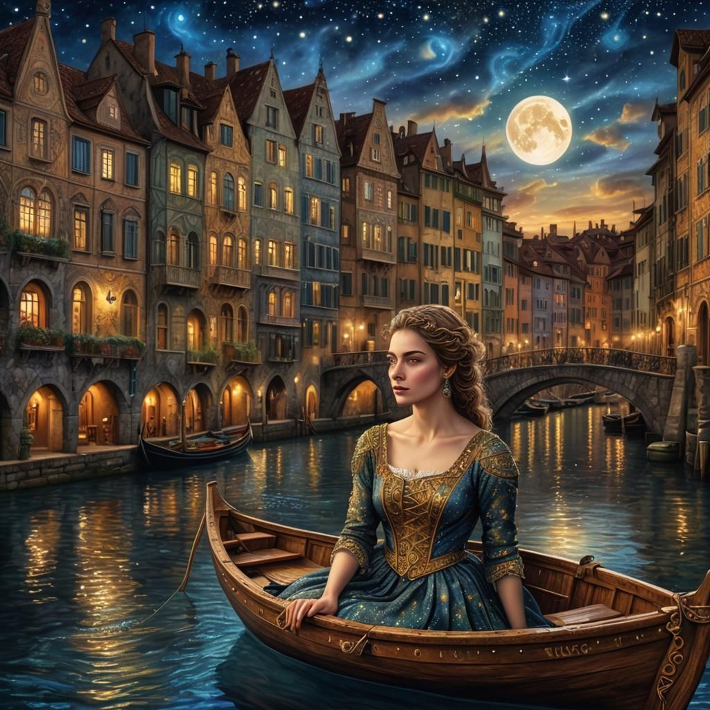 A Beautiful Young Lady inside a boat in a river in Milan city in ...