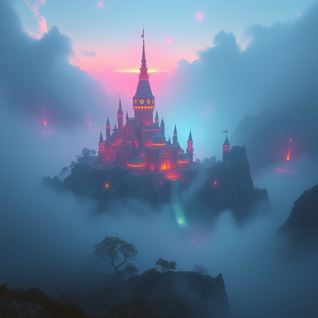 Ruby Mist Palace - Mystical Citadel in Iridescent Mist: A Fa...