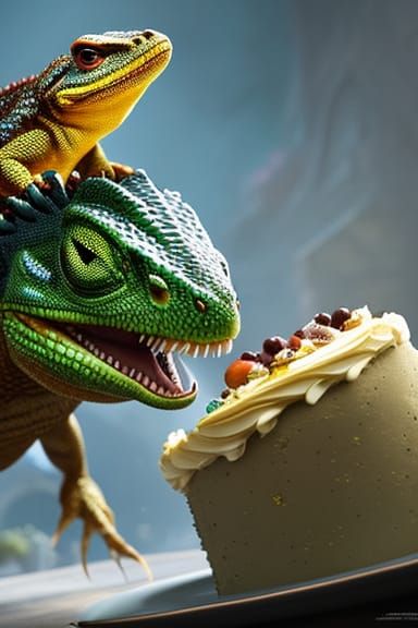 Beautiful anthropomorphic lizard eating cake cake dinking from a teacup ...