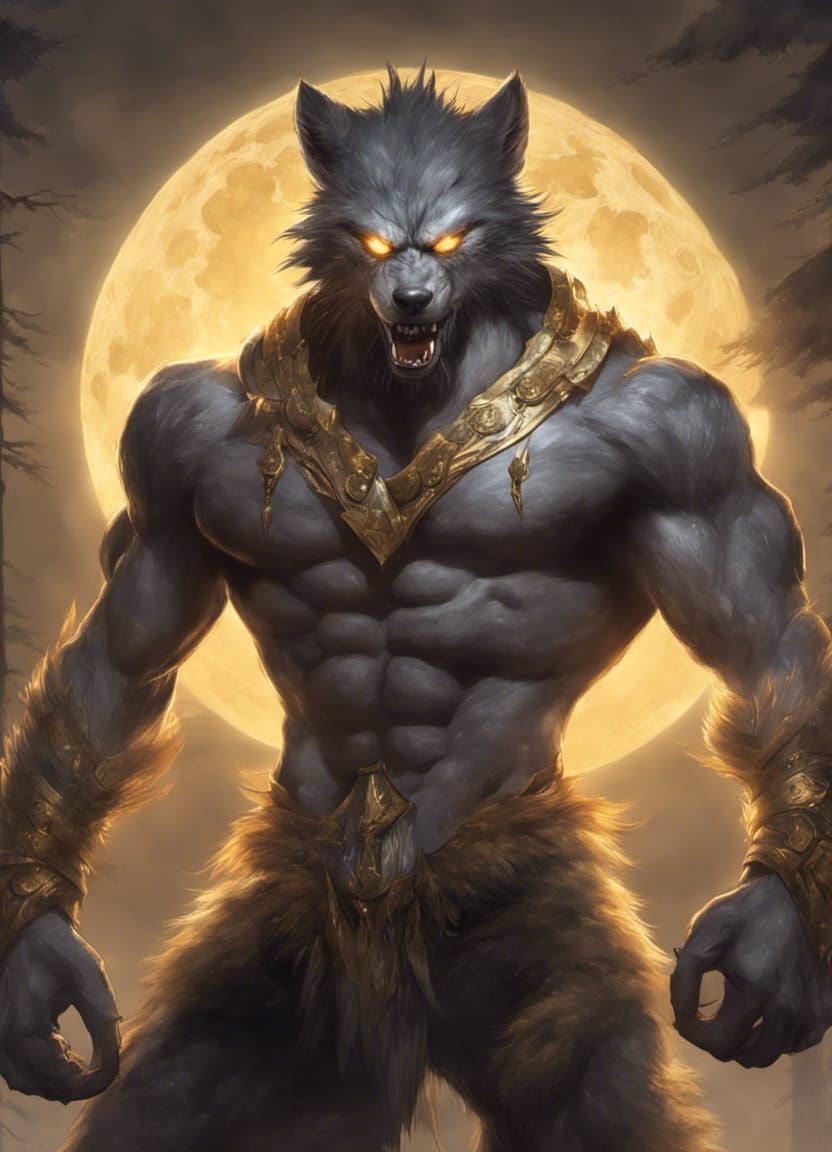 Werewolf Anthro Angry + Gray Fur Skin + Glowing Golden Eyes + Athletic Body + Muscles + Claws ...