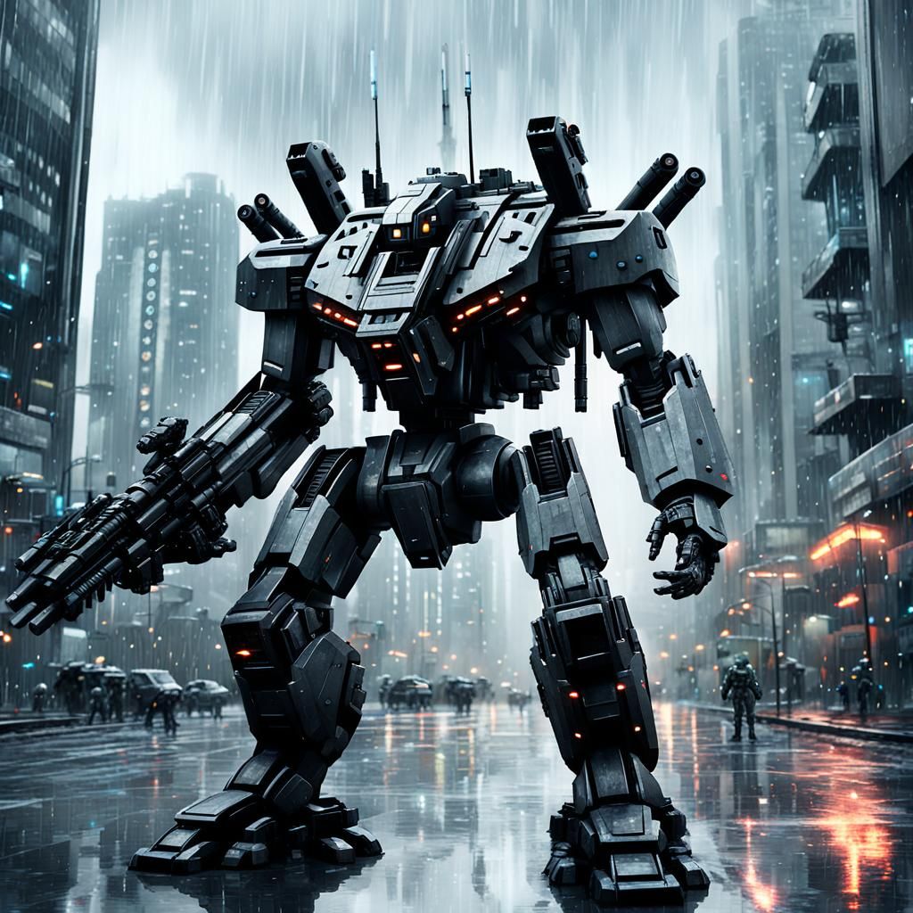 gigantic 10 storey tall black/gray mech robot holding huge assault ...