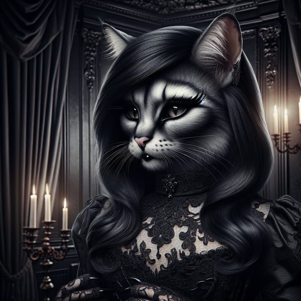 Elegant Gothic Cat in Black Lace Dress - AI Art