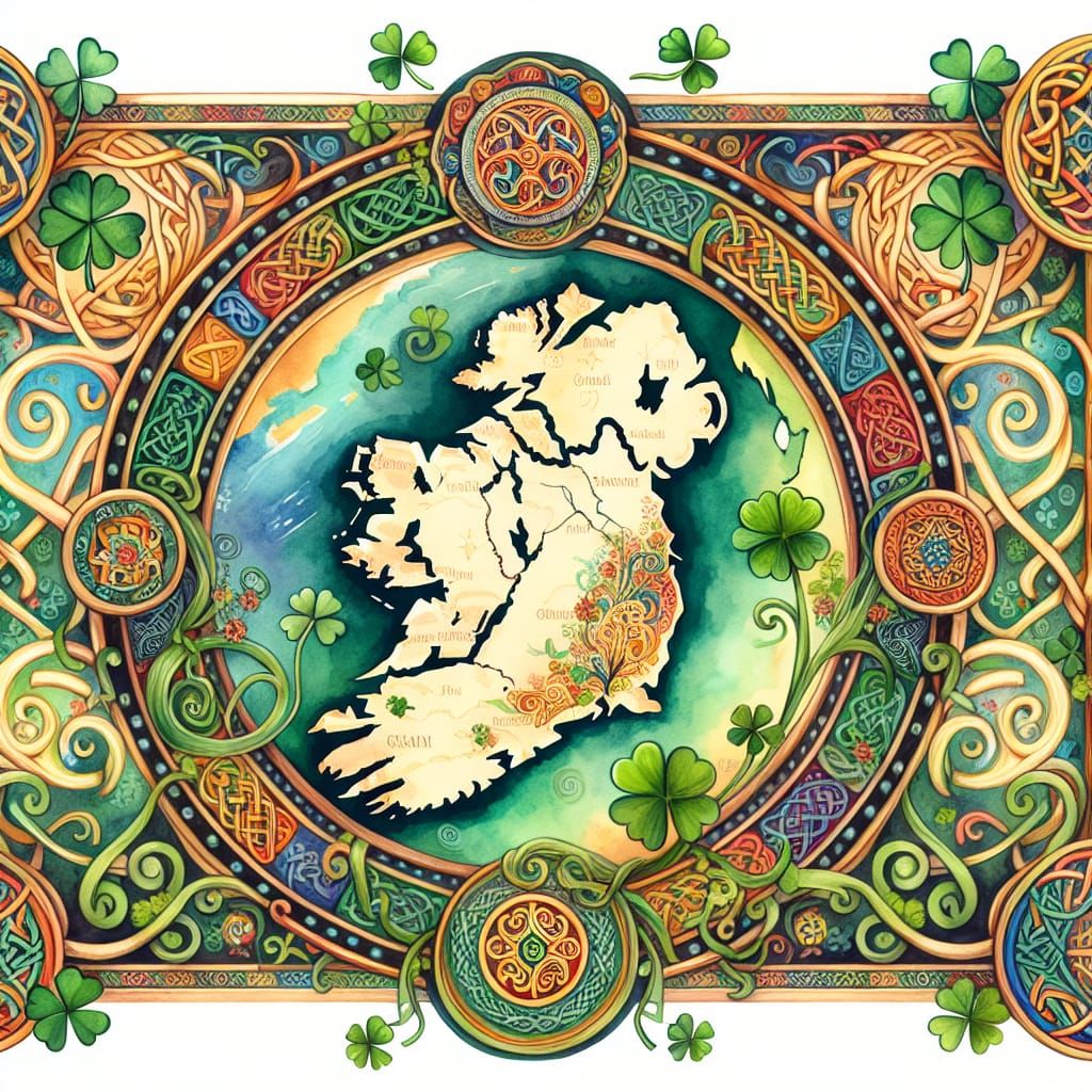Celtic Watercolour Masterpiece: Ireland's Map Fram... - AI Art