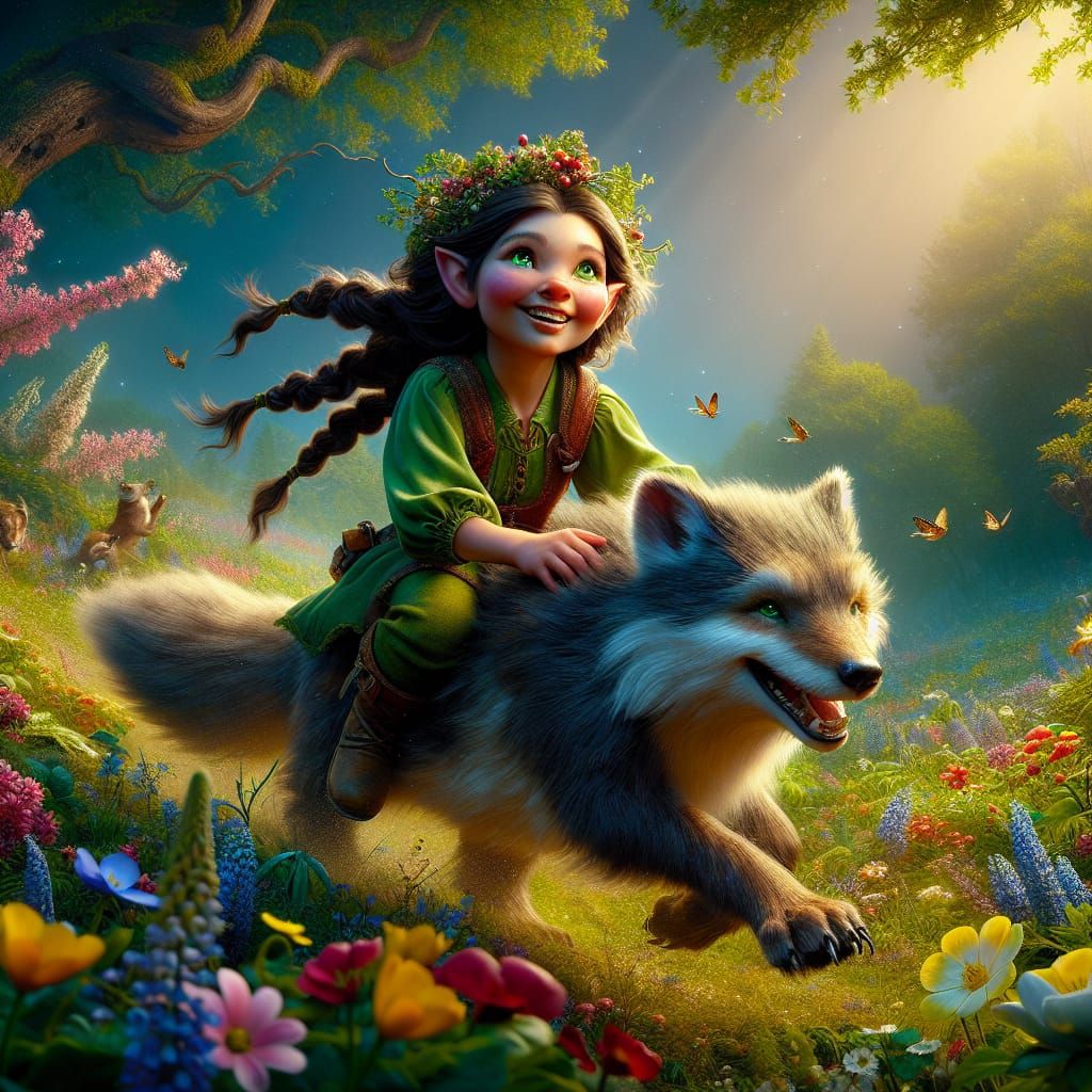 dark many braided green-eyed-haired female gnome astride a wolverine ...
