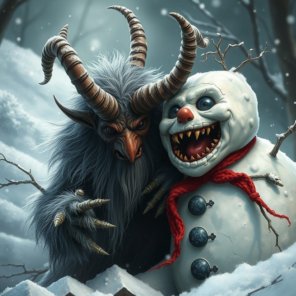 Realistic. Krampus and a scary snowman with sharp teeth. They play hide ...
