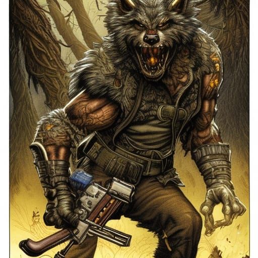 Intricate and detailed werewolf soldier shooting a machine gun in a war ...