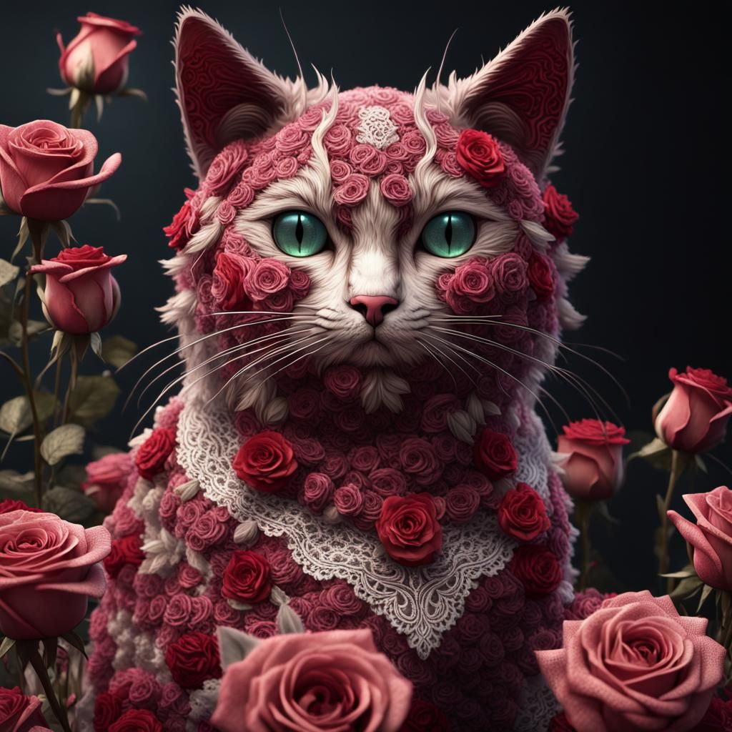 Cat in rose - Rose and Lace Cat: Detailed Fantasy Art