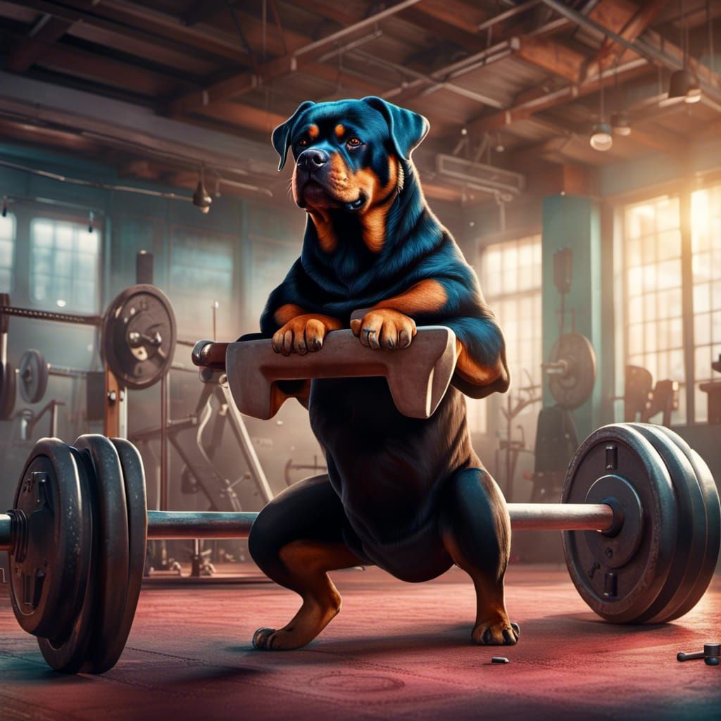 Muscular Rottweiler and Yoga Cat: Gym Fantasy - AI Art