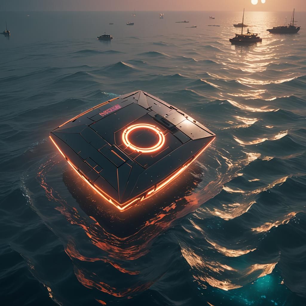A rhombus cuboid with a glowing circle in the middle, floating on the ...