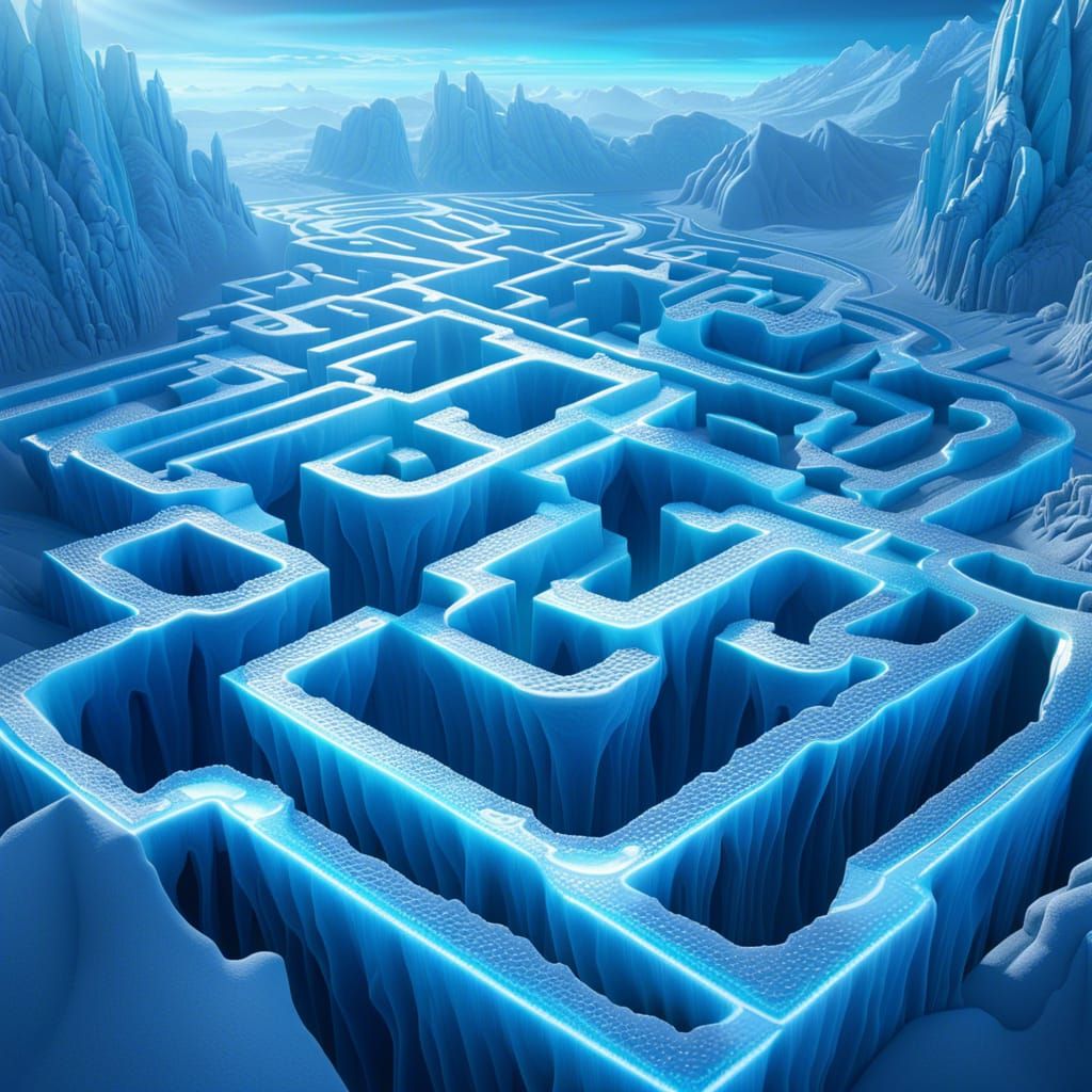 A maze of ice, rectangle, blue light beams, galaxy skies, mist ...