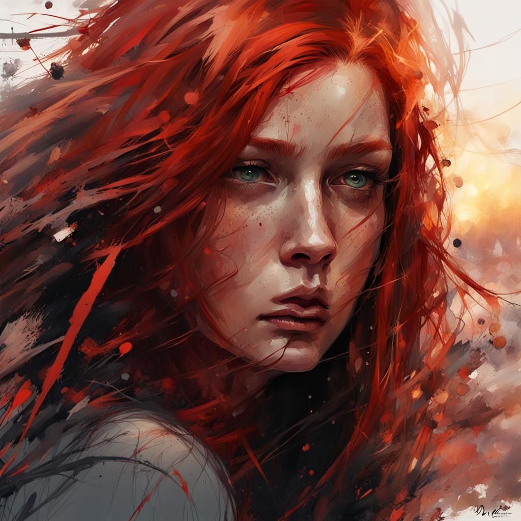 teenage female, red and black colors abstract beauty, red hair, redhead ...