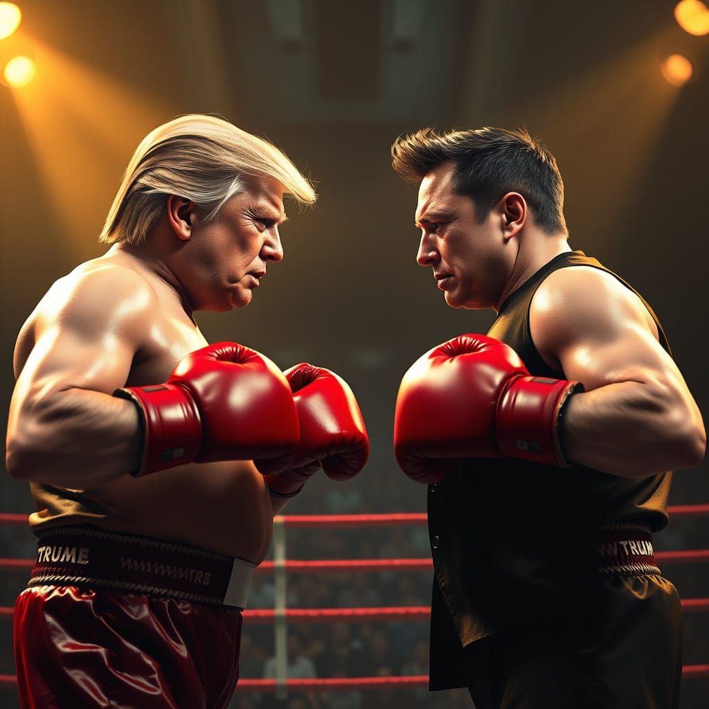 "Boxers, Donald Trump and Elon Musk, wearing red boxing gloves, angry ...