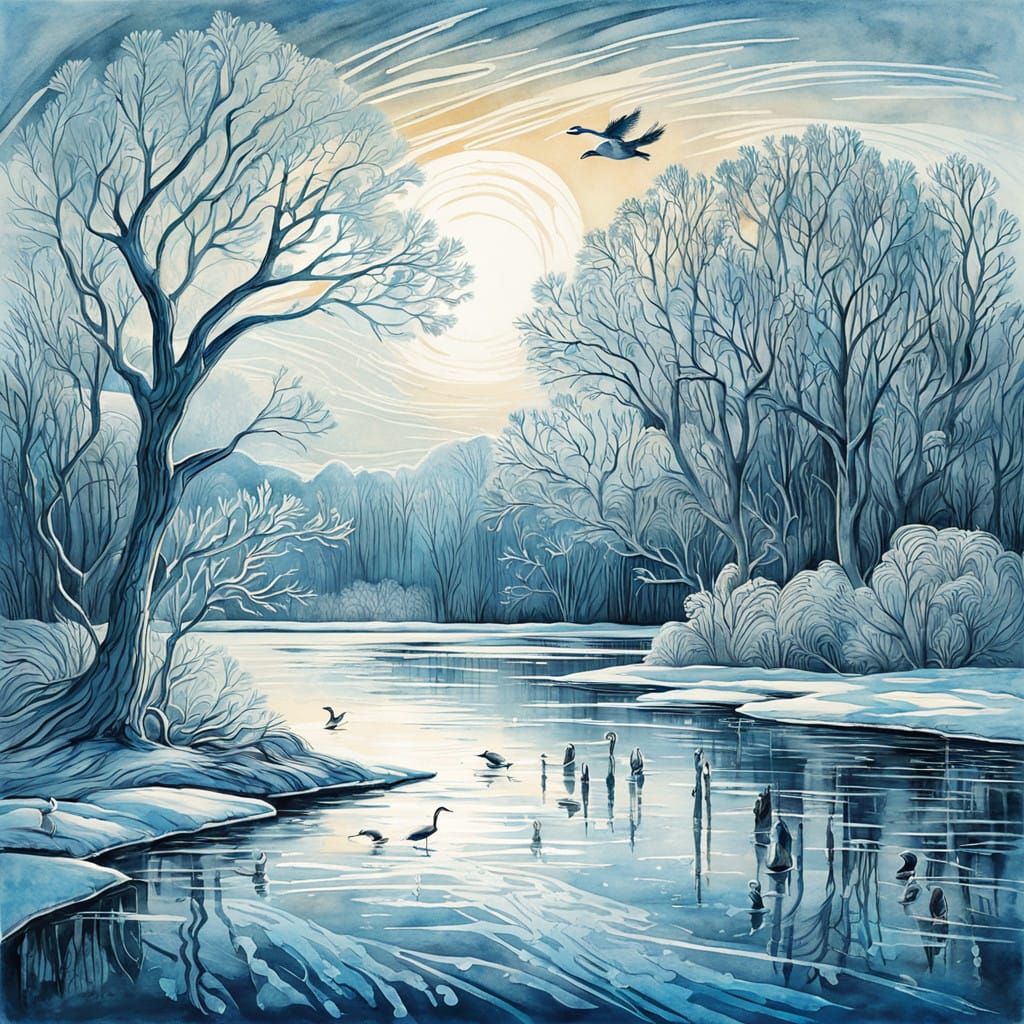 Serene Blue Lakeside Scene with Majestic Flying Du... - AI Art