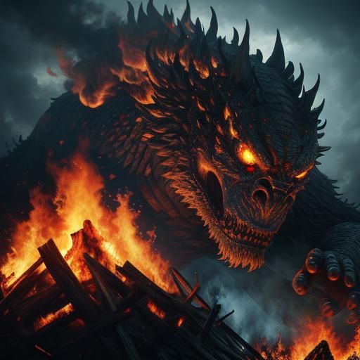 Smoke monster above a raging bonfire, intricate details, beautifully ...