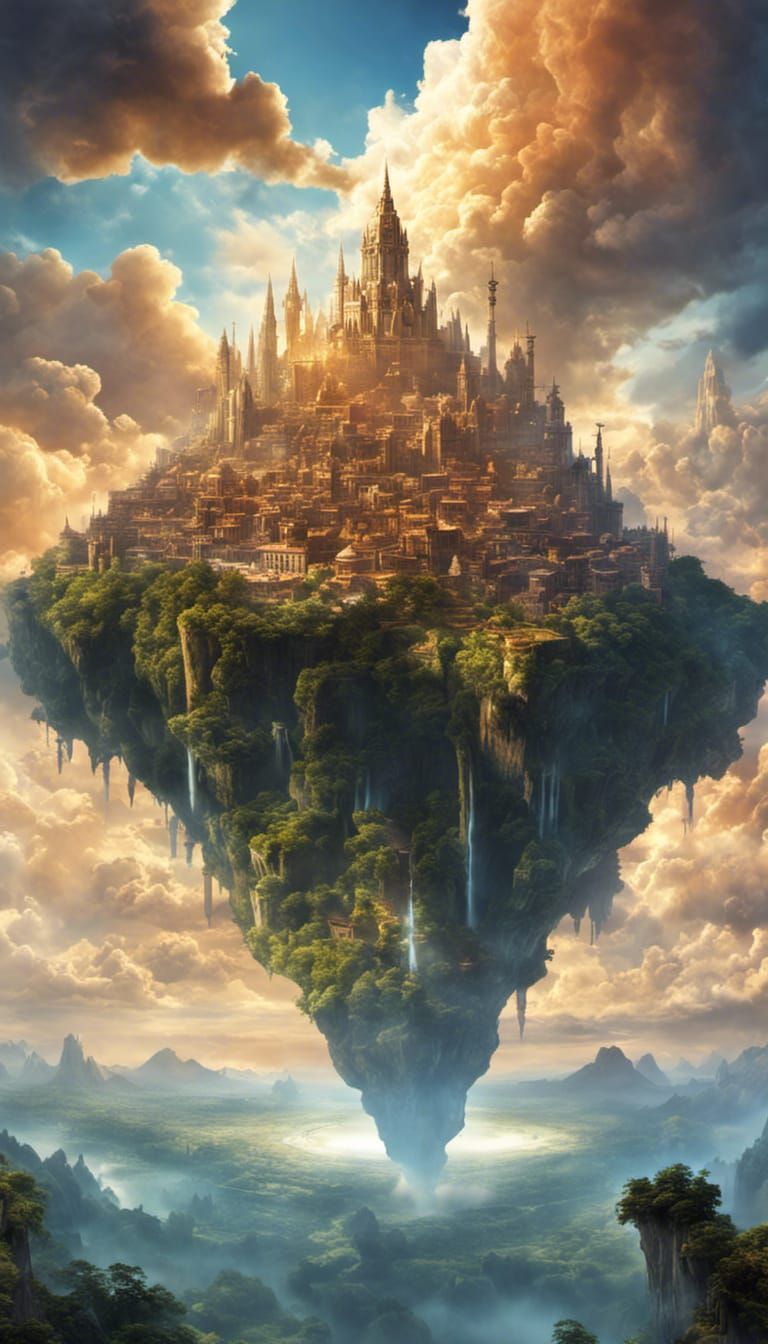 mythic floating island city of Gods where they gather to observe their ...