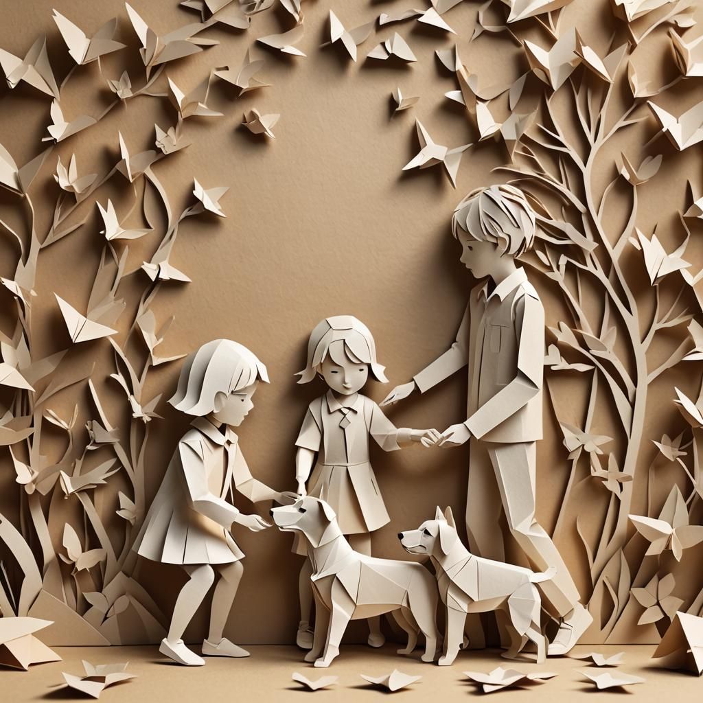 two children playing with a dog, Papercut Origami paper folds ...