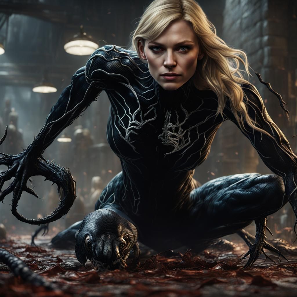 Kristen Dunst with venom symbiote crawling , MJ, posing - AI Generated Artwork - NightCafe Creator