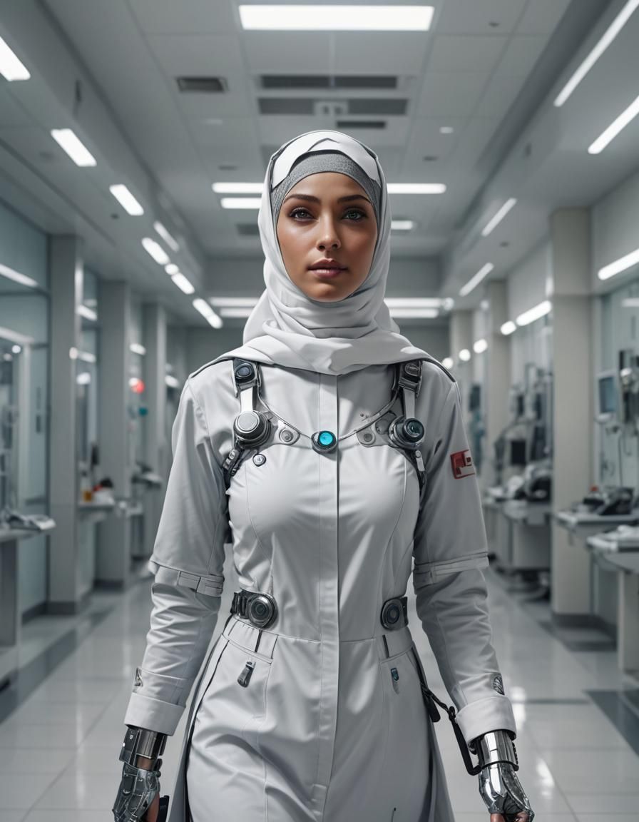 Intricately detailed portrait for cyborg woman with emotion-less face ...